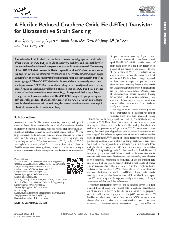 Pdf A Flexible Reduced Graphene Oxide Field Effect Transistor For Ultrasensitive Strain Sensing
