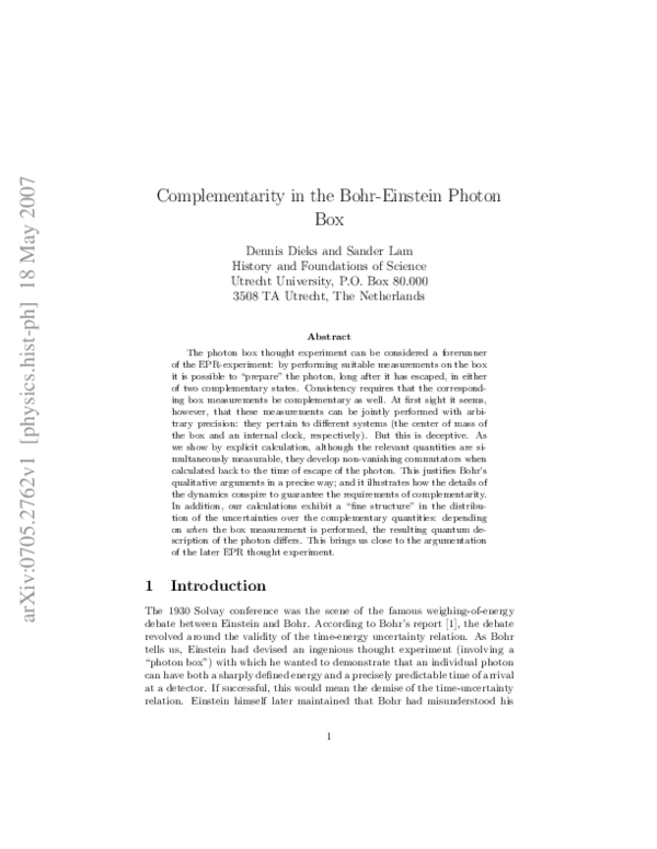 (PDF) Complementarity in the Einstein–Bohr photon box