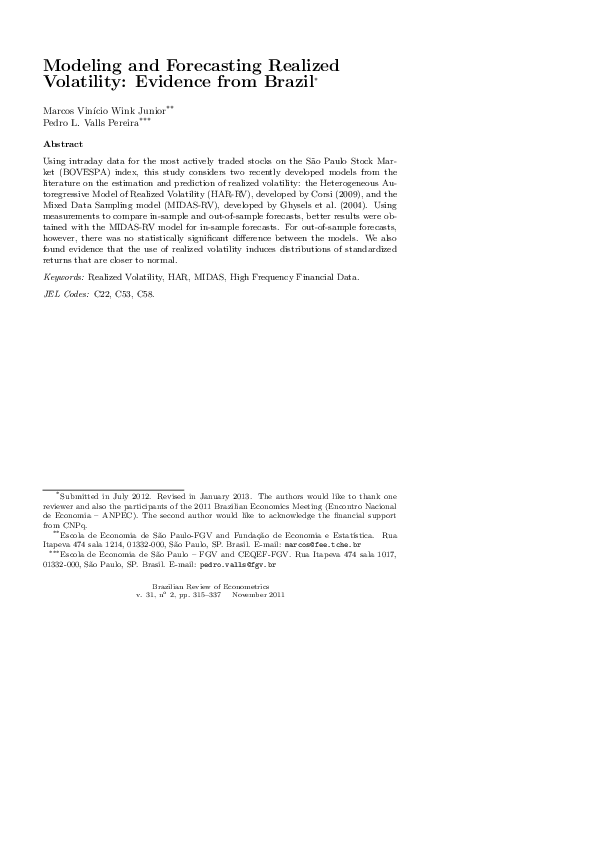 Pdf Modeling And Forecasting Of Realized Volatility Evidence From Brazil