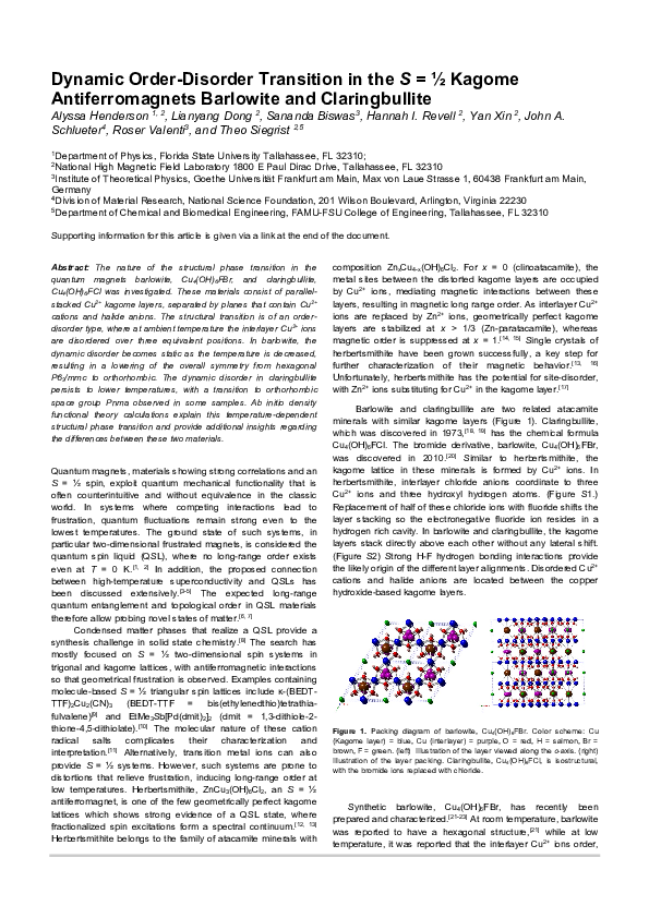 (PDF) Dynamic Order-Disorder Transition in the S = ½ Kagome ...