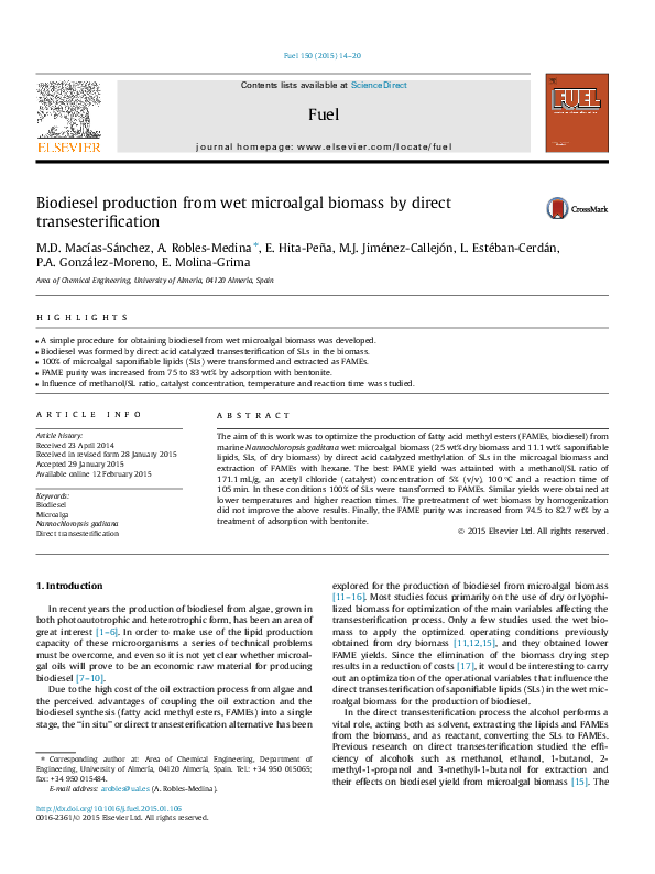 (PDF) Biodiesel production from wet microalgal biomass by direct transesterification