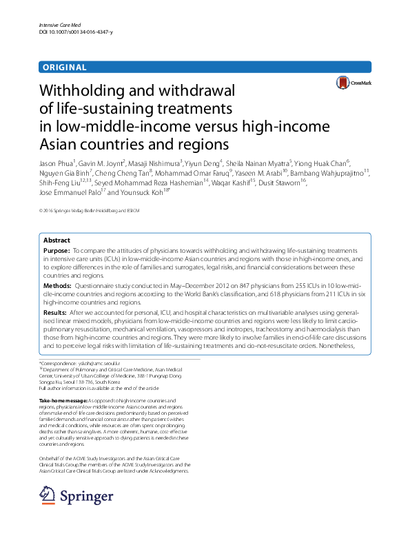 (PDF) Withholding and withdrawal of life-sustaining treatment in a ...