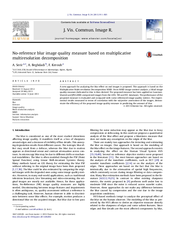 (PDF) No-reference blur image quality measure based on multiplicative multiresolution decomposition