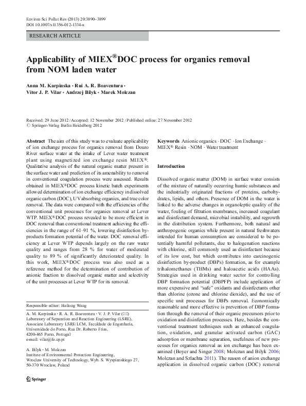 (PDF) Applicability of MIEX®DOC process for organics removal from NOM ...