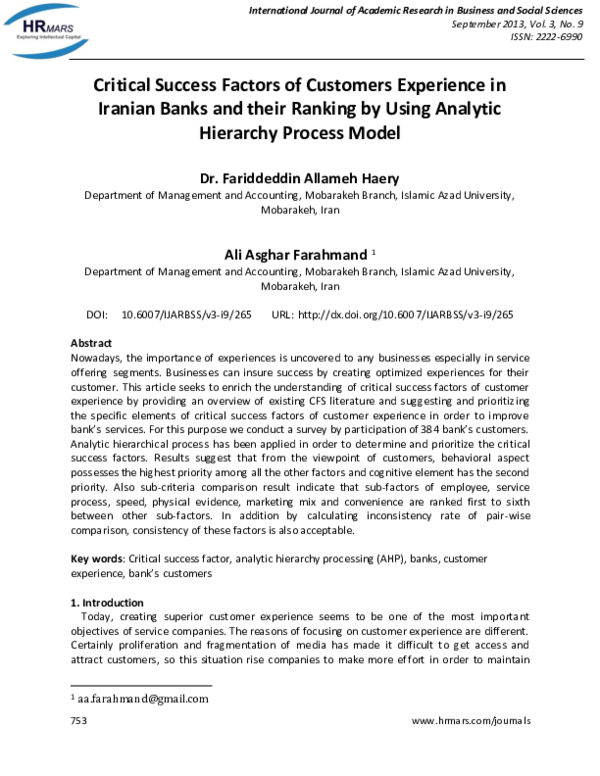 (PDF) Critical Success Factors of Customers Experience in Iranian Banks and their Ranking by ...