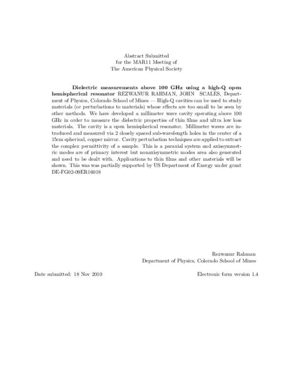 (PDF) Dielectric measurements above 100 GHz using a high-Q open ...