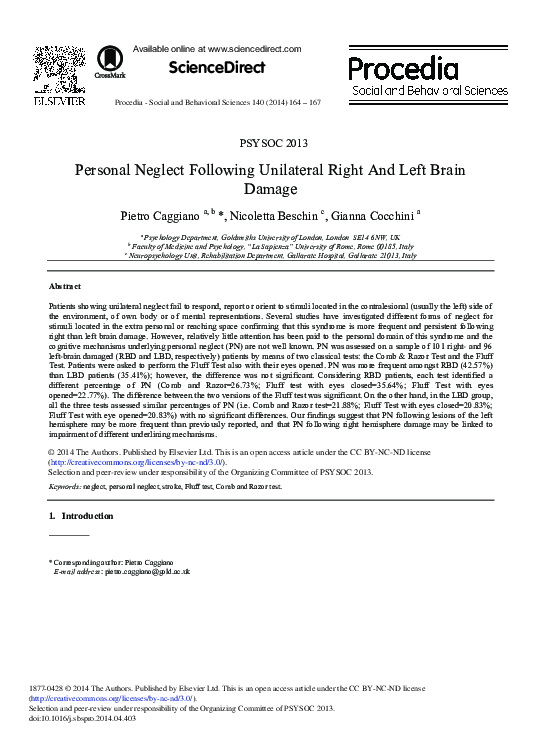 (PDF) Personal Neglect Following Unilateral Right and Left Brain Damage
