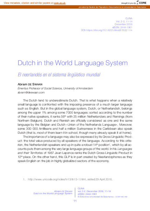 (PDF) Dutch in the World Language System
