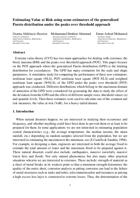 Pdf Estimating Value At Risk Using Some Estimators Of The Generalized Pareto Distribution