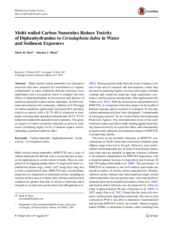 (PDF) Multi-walled Carbon Nanotubes Reduce Toxicity of Diphenhydramine to Ceriodaphnia dubia in ...