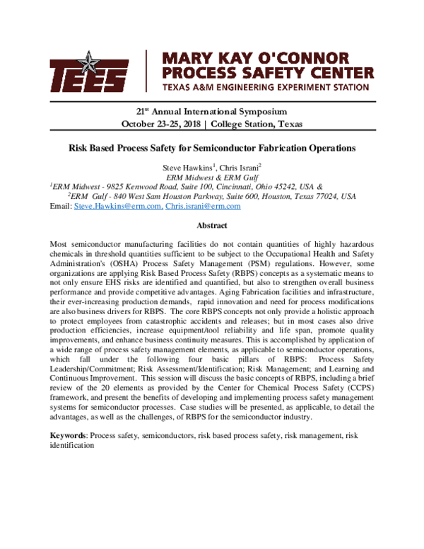 (PDF) Risk Based Process Safety for Semiconductor Fabrication Operations