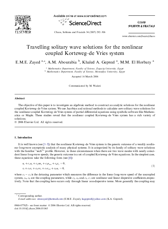 (PDF) Travelling solitary wave solutions for the nonlinear coupled Korteweg–de Vries system