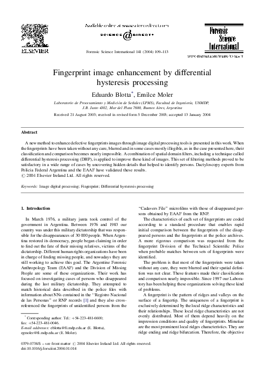 (PDF) Fingerprint image enhancement by differential hysteresis processing