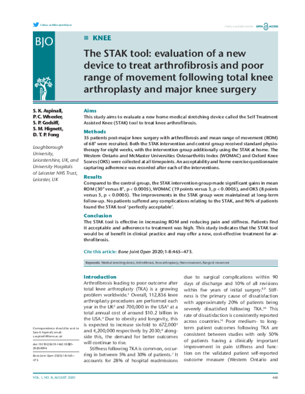 (PDF) The STAK tool: evaluation of a new device to treat arthrofibrosis and poor range of ...