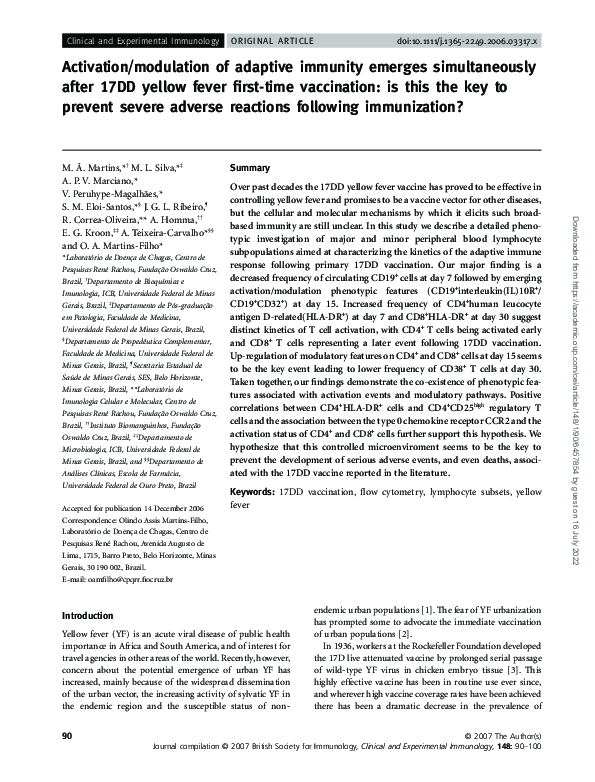 (PDF) Activation/modulation of adaptive immunity emerges simultaneously after 17DD yellow fever ...