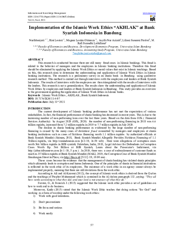 (PDF) Implementation of the Islamic Work Ethics “AKHLAK” at Bank ...