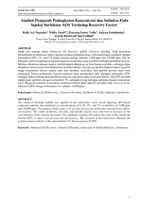 (PDF) Analisis Pengaruh Peningkatan Konsentrasi dan Salinitas Pada Injeksi Surfaktan AOS ...