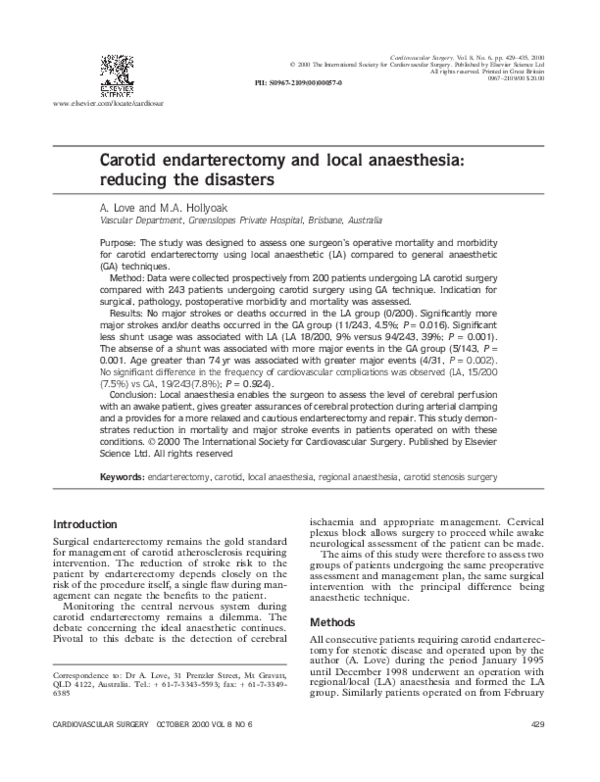 (PDF) Carotid endarterectomy and local anaesthesia: reducing the disasters