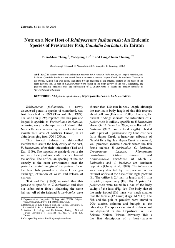 (PDF) Note on a New Host of Ichthyoxenus fushanensis: An Endemic ...