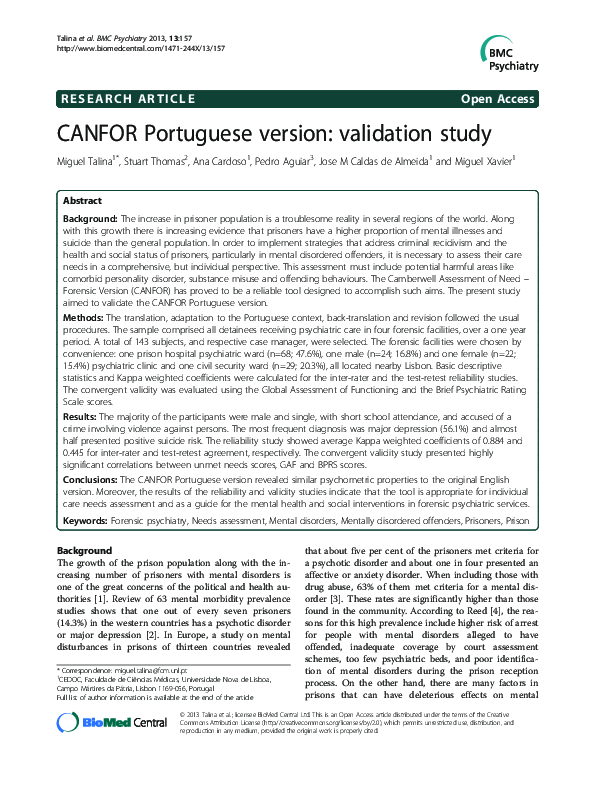 (PDF) Validation of CANFOR for Portuguese Prisoners