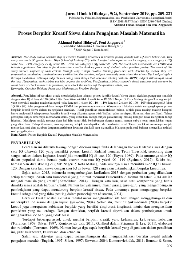 (PDF) Proses Berpikir Kreatif Siswa dalam Pengajuan Masalah Matematika | Peni Anggareni ...