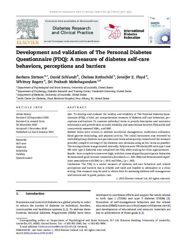 (PDF) Development and validation of The Personal Diabetes Questionnaire ...