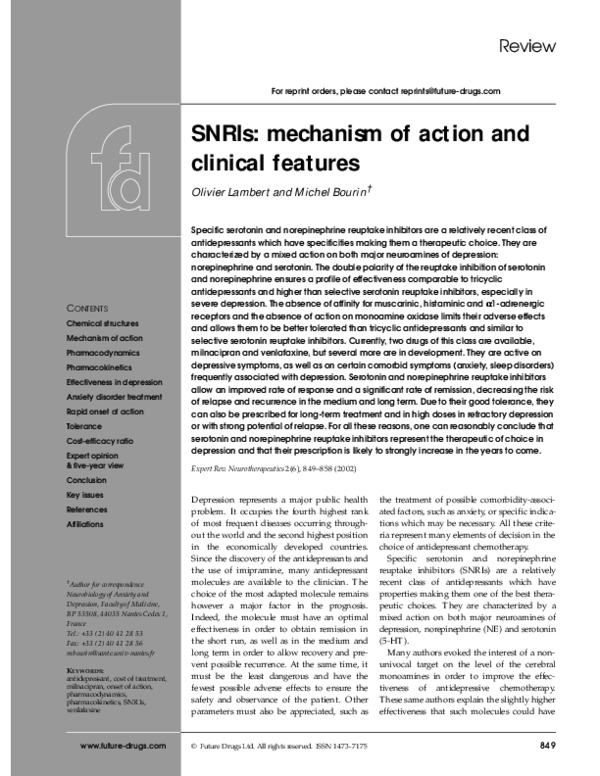(PDF) SNRIs: mechanism of action and clinical features
