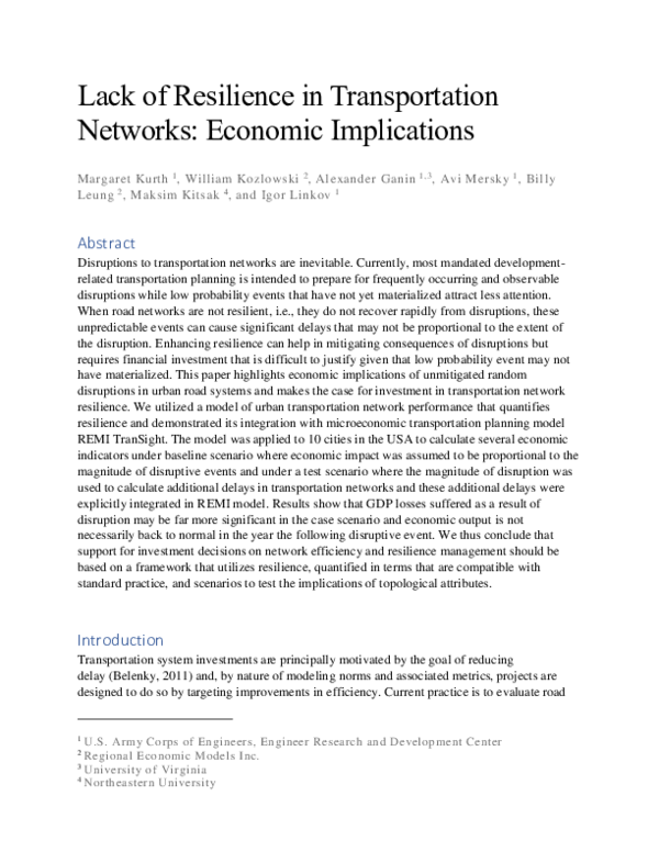 (PDF) Lack of resilience in transportation networks: Economic implications