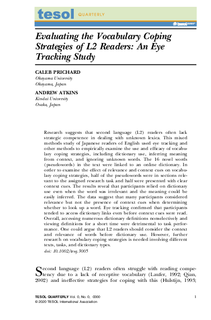 (PDF) Evaluating the Vocabulary Coping Strategies of L2 Readers: An Eye Tracking Study
