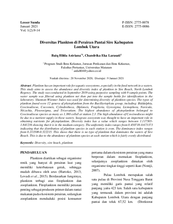 (PDF) Diversitas Plankton di Perairan Pantai Sire Kabupaten Lombok Utara