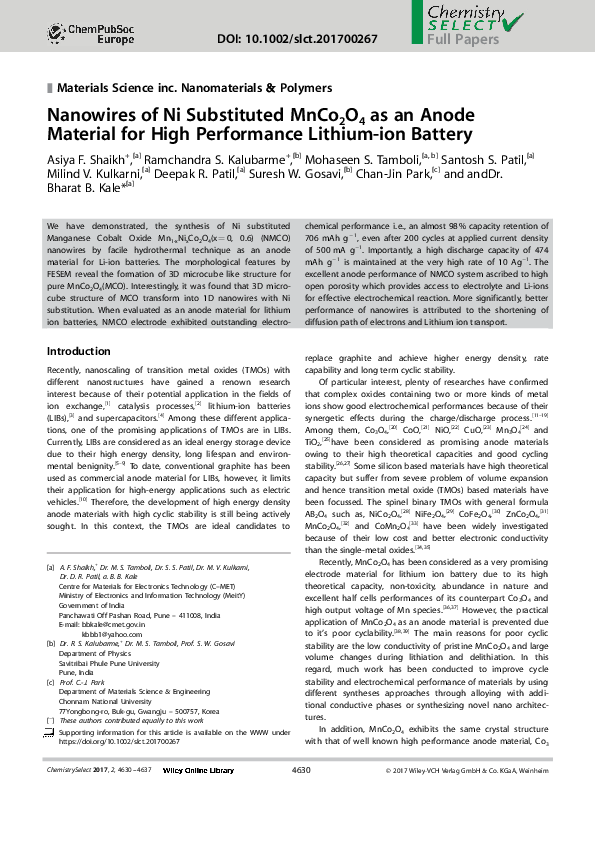 (PDF) Nanowires of Ni Substituted MnCo2O4as an Anode Material for High Performance Lithium-ion ...