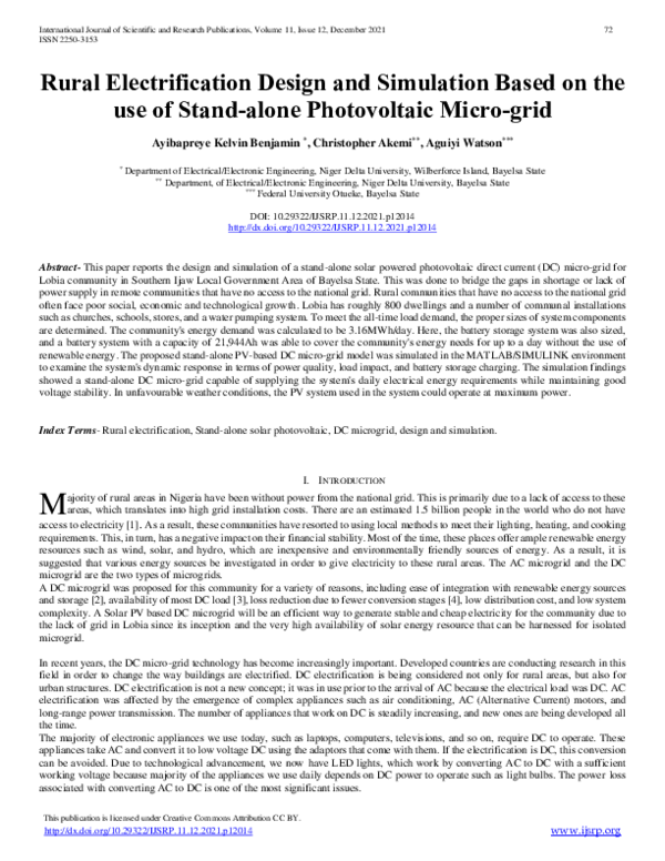 (PDF) Rural Electrification Design and Simulation Based on the use of Stand-alone Photovoltaic ...