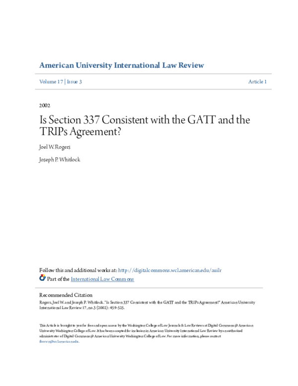 (PDF) Is Section 337 Consistent with the GATT and the TRIPs Agreement