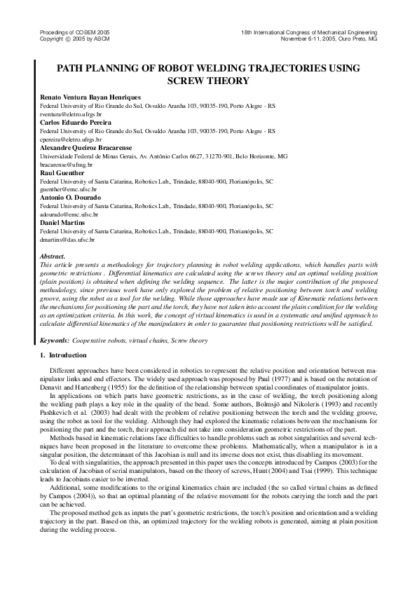 Pdf Path Planning Of Robot Welding Trajectories Using Screw Theory