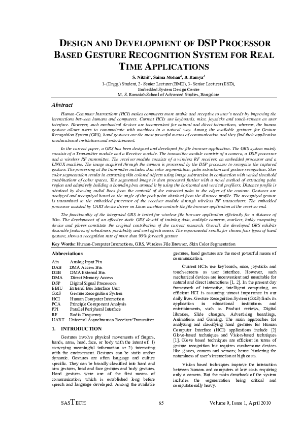 Pdf Design And Development Of Dsp Processor Based Gesture Recognition
