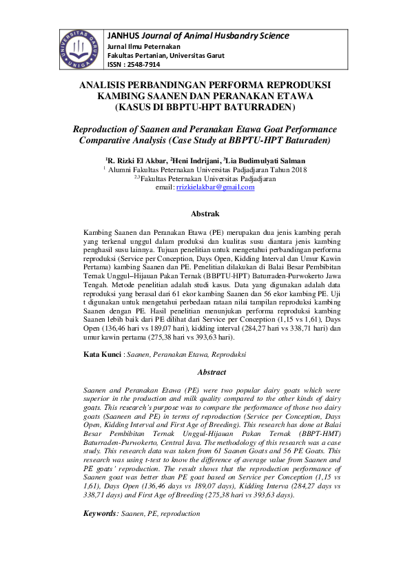 (PDF) ANALISIS PERBANDINGAN PERFORMA REPRODUKSI KAMBING SAANEN DAN PERANAKAN ETAWA (KASUS DI ...