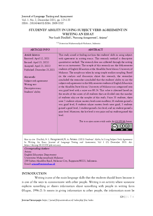 (PDF) Students’ Ability in Using Subject Verb Agreement in Writing an Essay