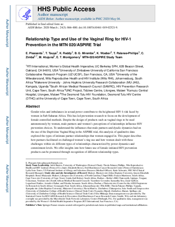 (PDF) Relationship Type and Use of the Vaginal Ring for HIV-1 ...