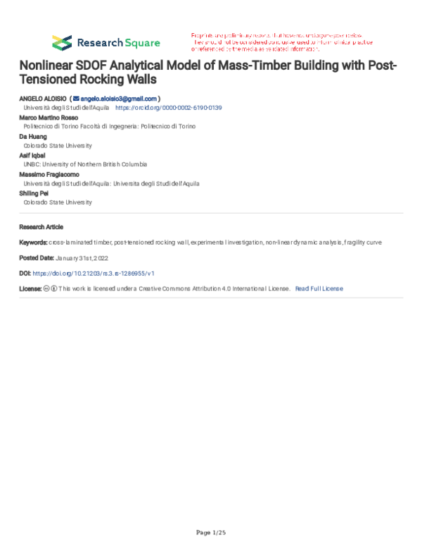 (PDF) Nonlinear SDOF Analytical Model of Mass-Timber Building with Post ...