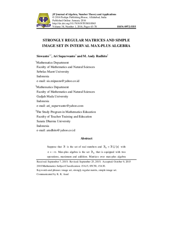 (PDF) Strongly regular matrices and simple image set in interval max-plus algebra