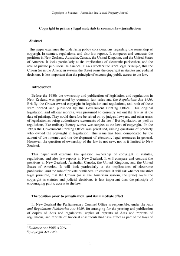 (PDF) Copyright in Primary Legal Materials in Common Law Jurisdiction