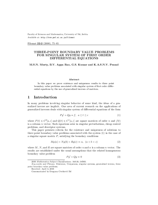 Pdf Three Point Boundary Value Problems For Singular System Of First