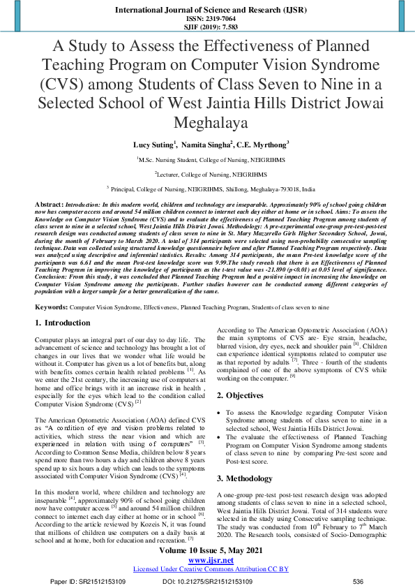 (PDF) A Study to Assess the Effectiveness of Planned Teaching Program on Computer Vision ...