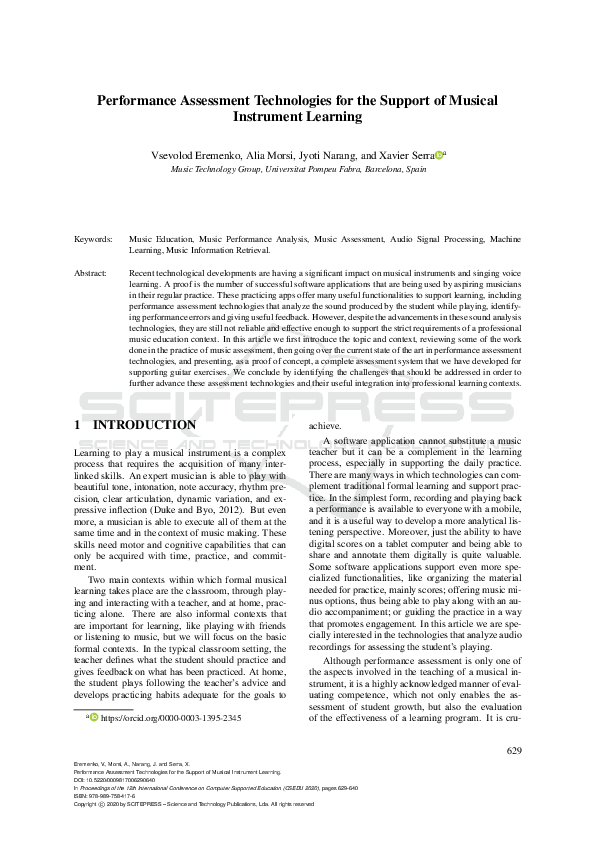 (PDF) Performance Assessment Technologies for the Support of Musical ...