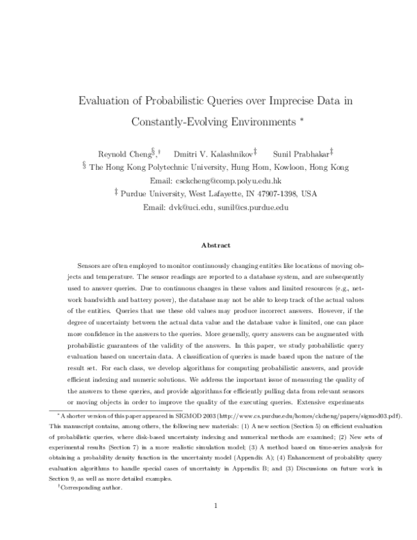 (PDF) Evaluation of probabilistic queries over imprecise data in constantly-evolving environments