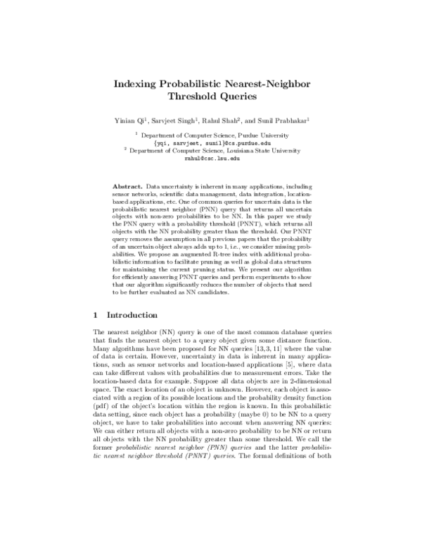 (PDF) Indexing probabilistic nearest-neighbor threshold queries