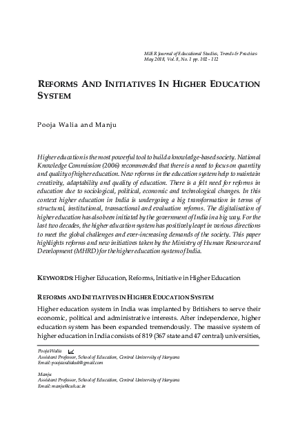 (PDF) Reforms and Initiatives in Higher Education System