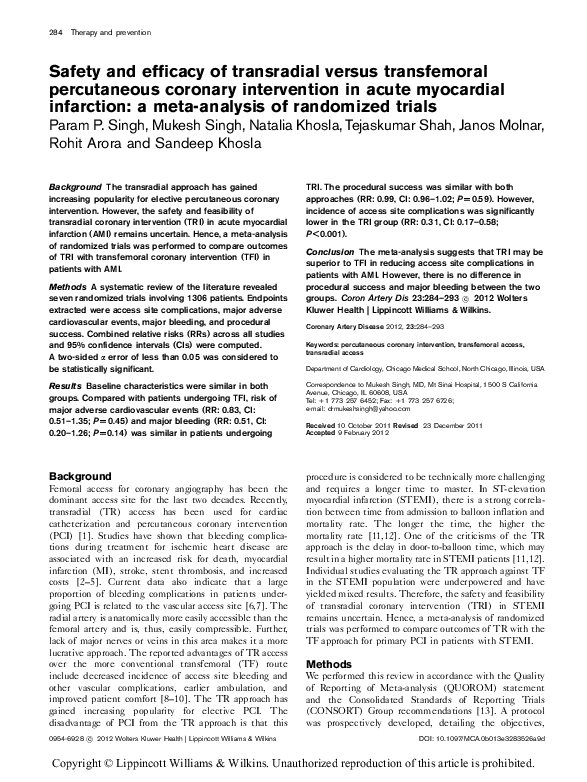 (PDF) Safety and efficacy of transradial versus transfemoral percutaneous coronary intervention ...