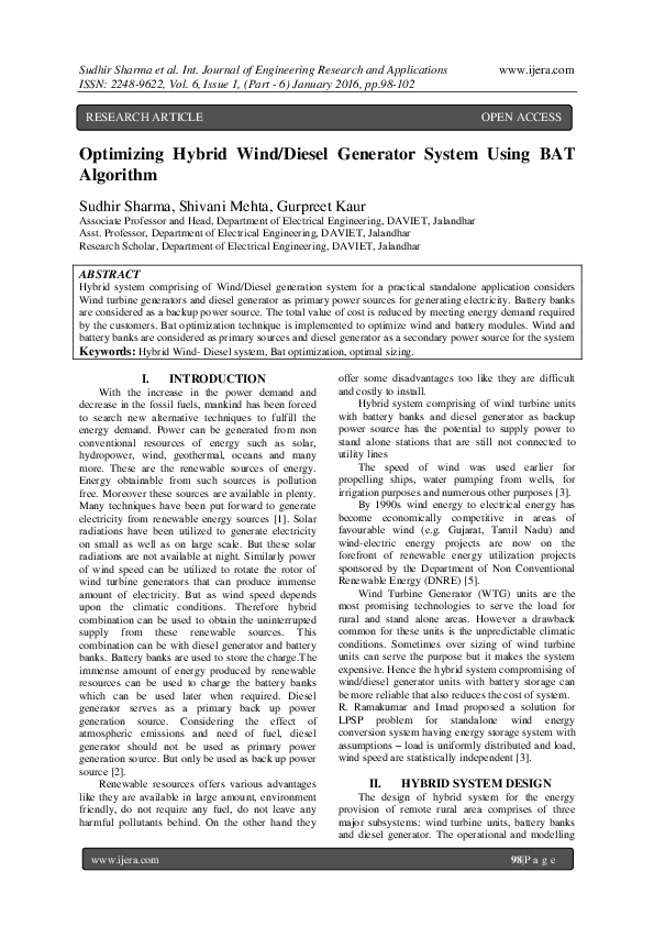 Pdf Optimizing Hybrid Wind Diesel Generator System Using Bat