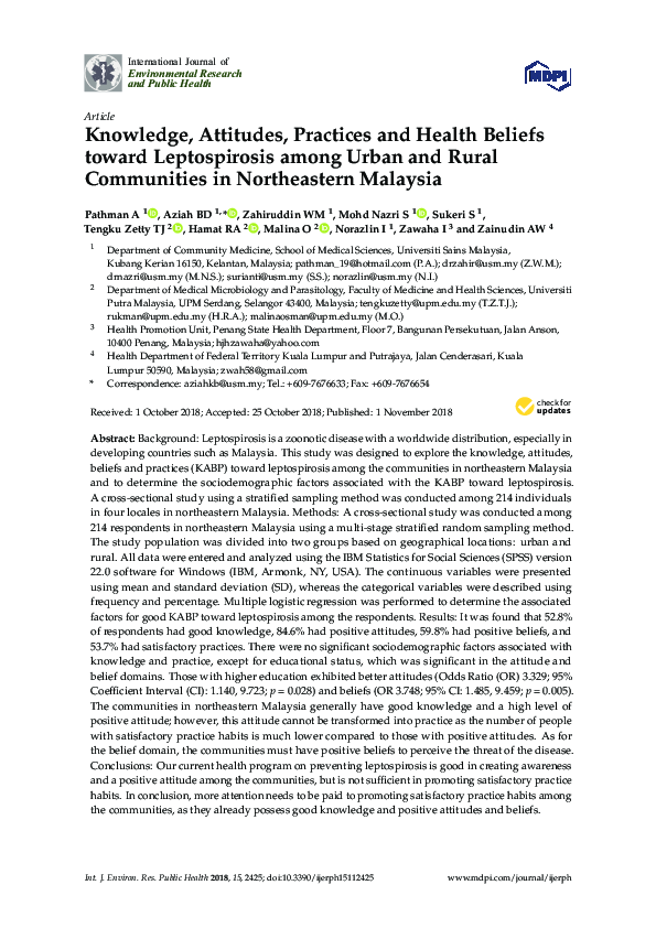 (PDF) Knowledge, Attitudes, Practices and Health Beliefs toward Leptospirosis among Urban and ...